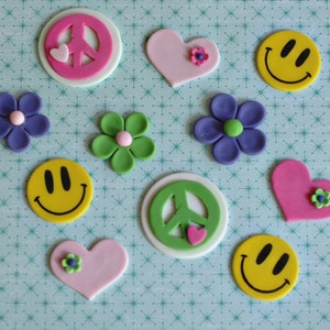 Peace Sign, Flower, Heart and Smiley Hippie Fondant Toppers for ...