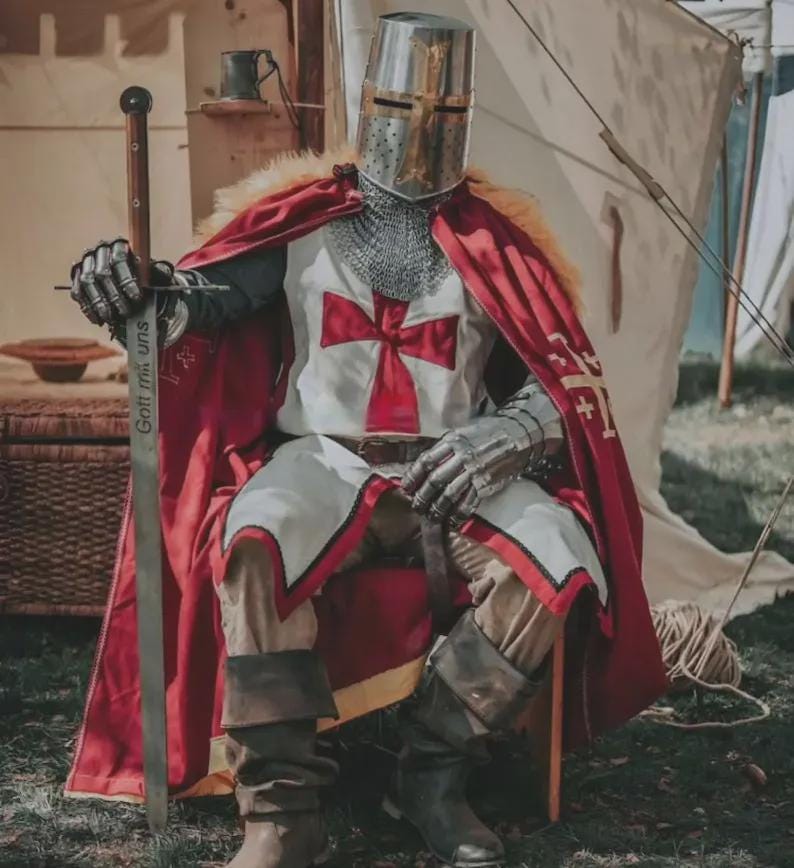 Medieval Knight Templar Armor Costume: Red Cross Chainmail, Helmet ...