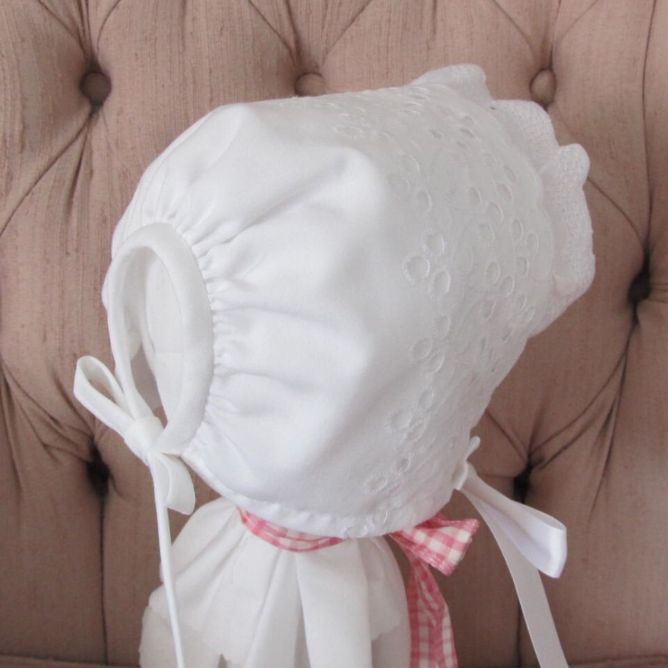 Large Vintage Style Eyelet Baby Bonnet, Christening Bonnet, Baptism ...