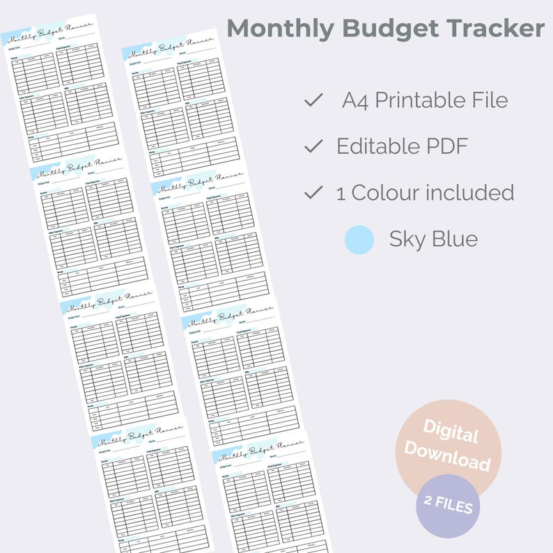 Sky Blue Monthly Budget Planner - A4 Printable & Editable PDF - Etsy