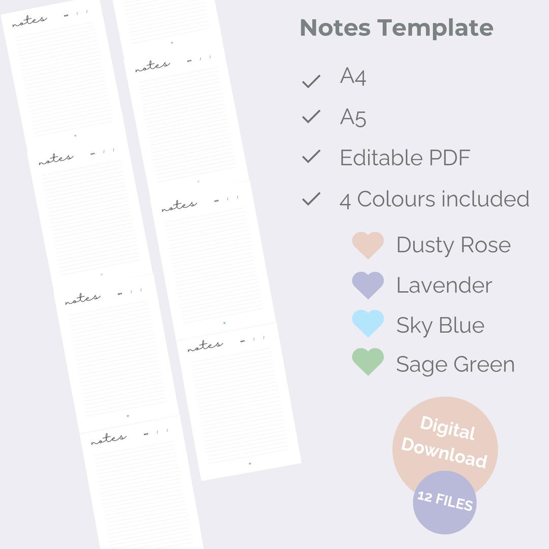 Printable Notes Template Lined A4 & A5 PDF and Editable Digital ...