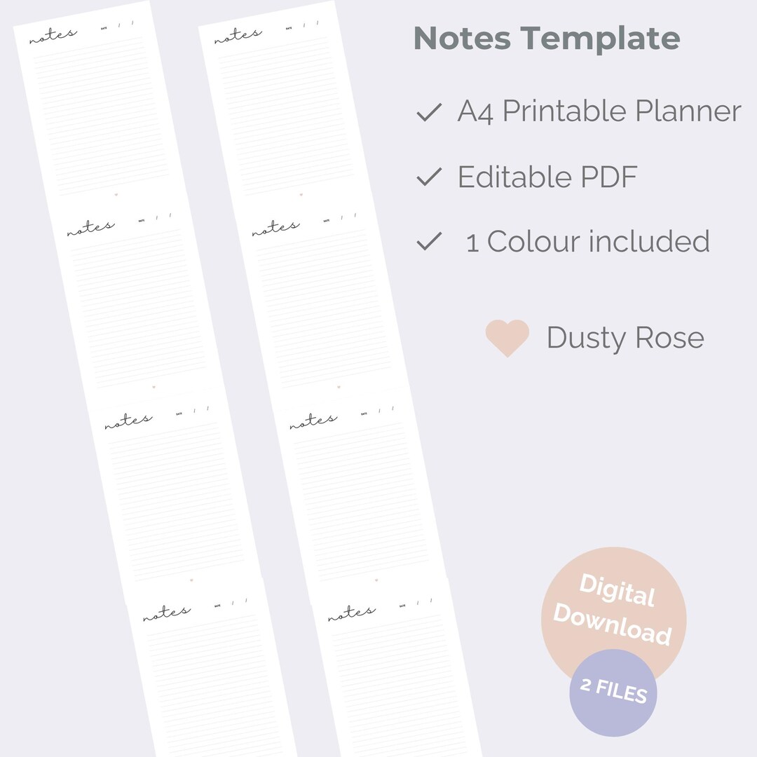 Dusty Rose Printable Notes Template Lined A4 PDF and Editable Digital ...