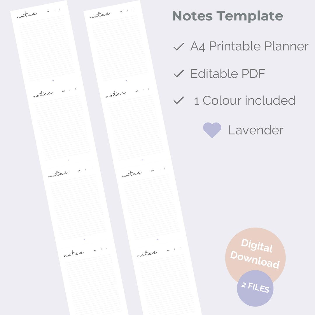 Lavender Printable Notes Template Lined A4 PDF and Editable Digital ...