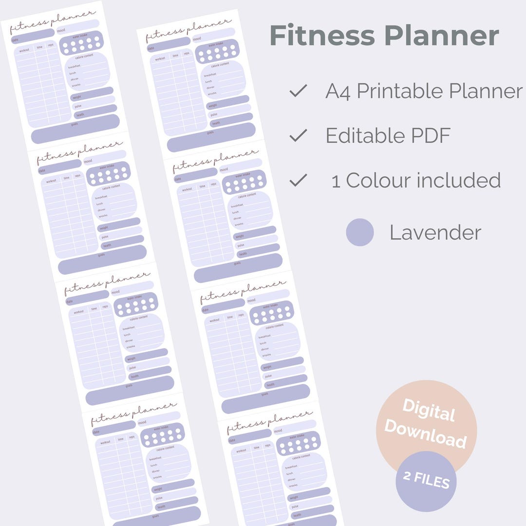 Lavender- Printable and Editable Fitness Planner - A4 PDF and Digital ...