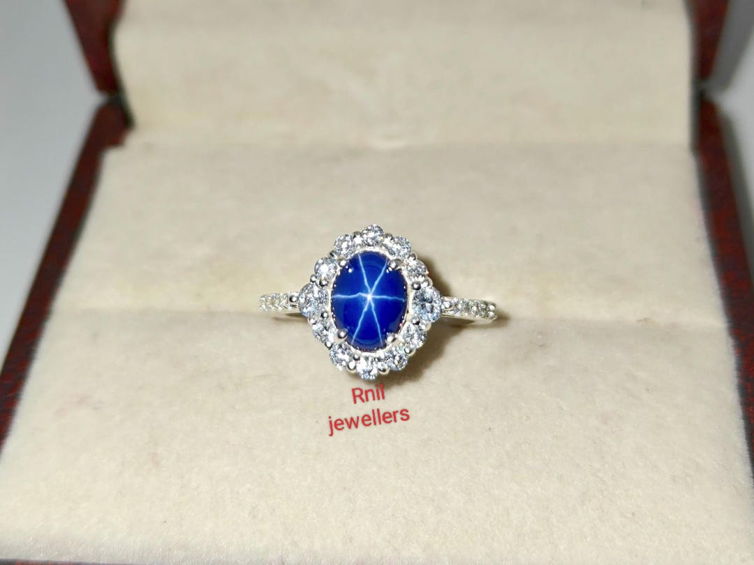 Art Deco Blue Star Sapphire Ring: Sterling Silver, CZ Diamond Accents ...