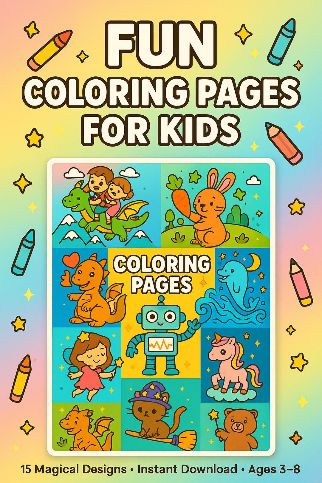 Magical Kids Coloring Pages: Unicorns, Dragons, Robots (PDF Download ...