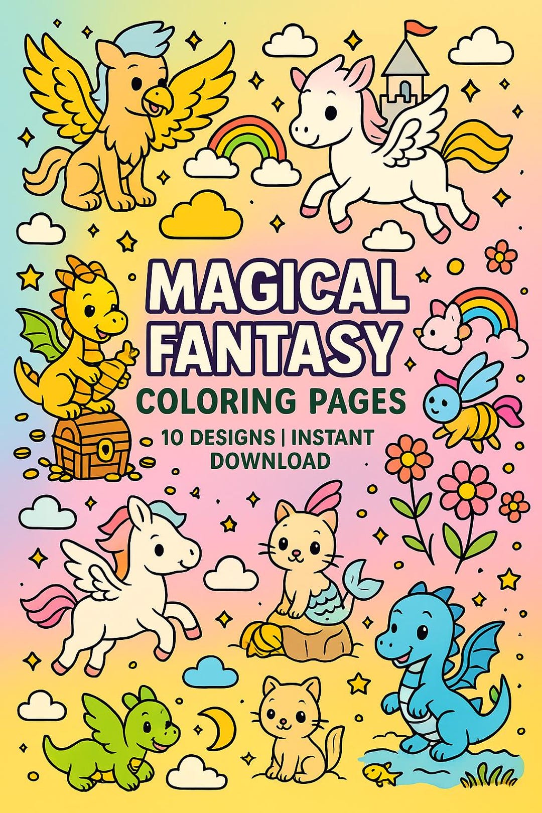 Fantasy Coloring Pages: Unicorn, Dragon, Mermaid Designs (printable PDF ...