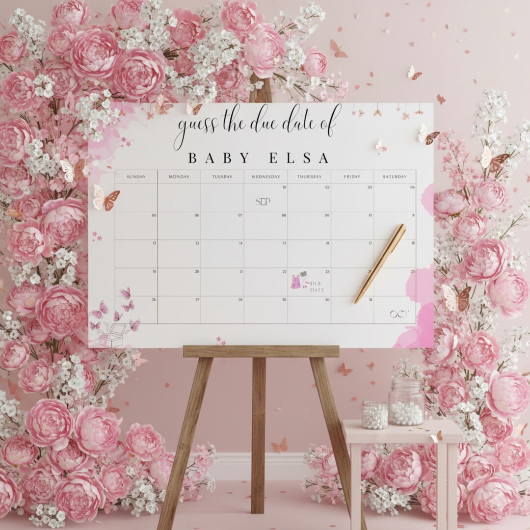 Pink Baby Shower Due Date Calendar, Birth Date Sign, Baby Arrival Sign ...