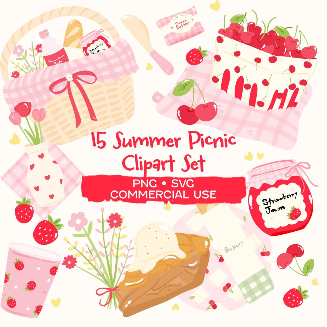 Summer Picnic Clipart Set, Cozy Picnic PNG SVG, Pink Food and Basket ...