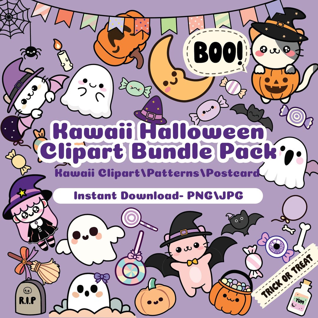 Kawaii Halloween Clipart Bundle - Cute Ghosts, Pumpkins, Witches ...