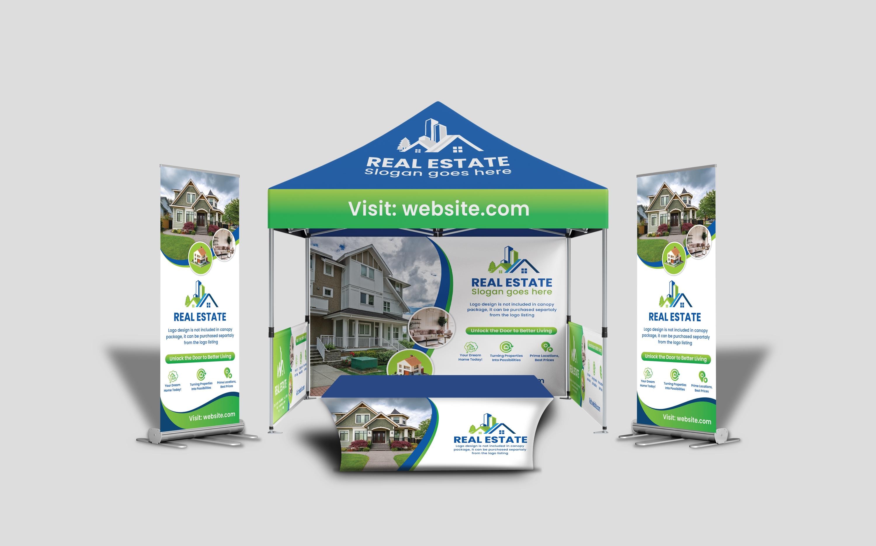 Real Estate Booth Design: 10x10 Canopy Tent, Back Wall, Table Cover ...