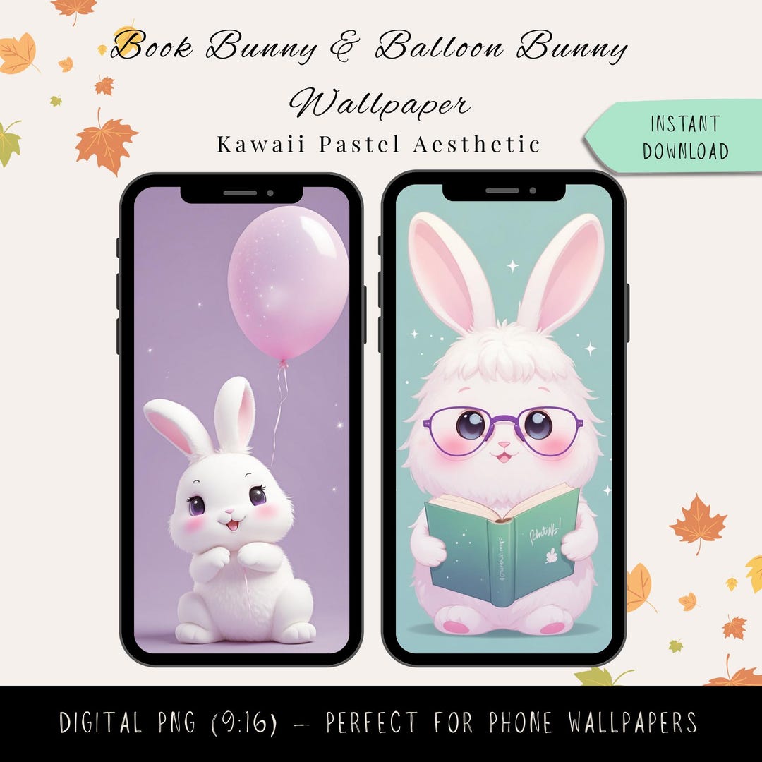 Kawaii Pastel Bunny Phone Wallpaper: Book & Balloon Bunnies (PNG ...