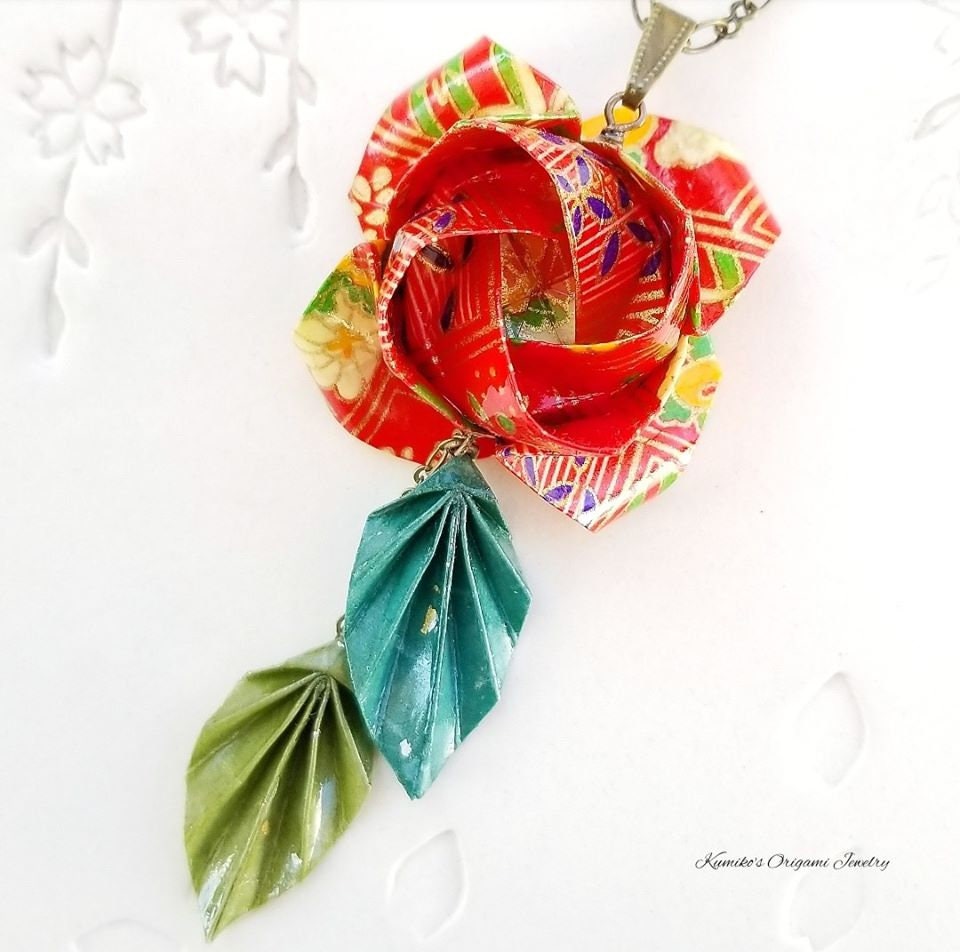 Japanese Origami Jewelry - Origami Rose Necklace With Antique Gold ...