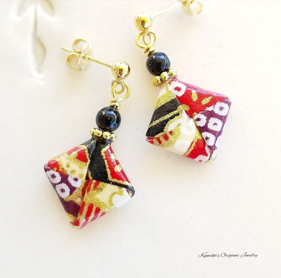 Japanese Origami Jewelry Origami Square Earring extra Small With Gold ...