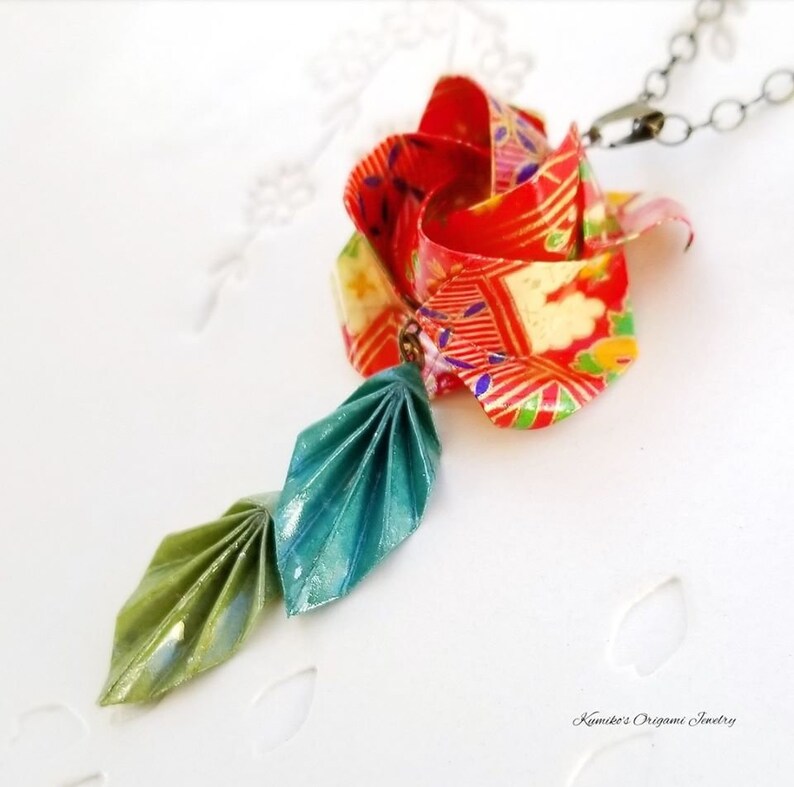 Japanese Origami Jewelry - Origami Rose Necklace With Antique Gold ...