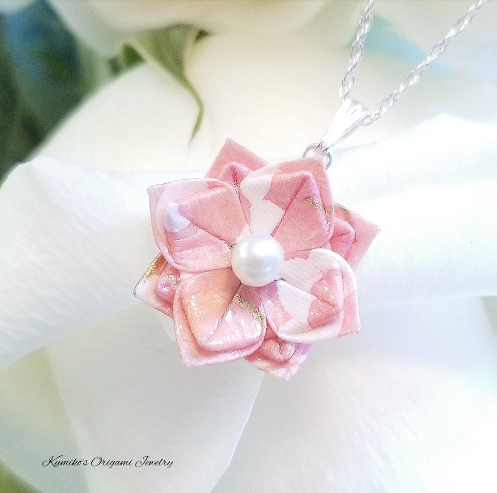 Japanese Origami Jewelry - Origami Flower (small) Necklace With 925 ...