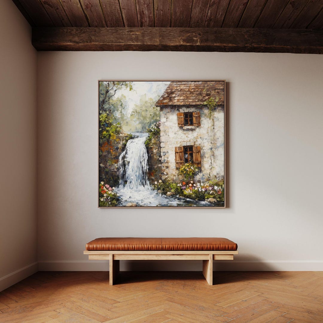 Cottagecore Waterfall Painting: Rustic Stone House Wall Art (digital ...