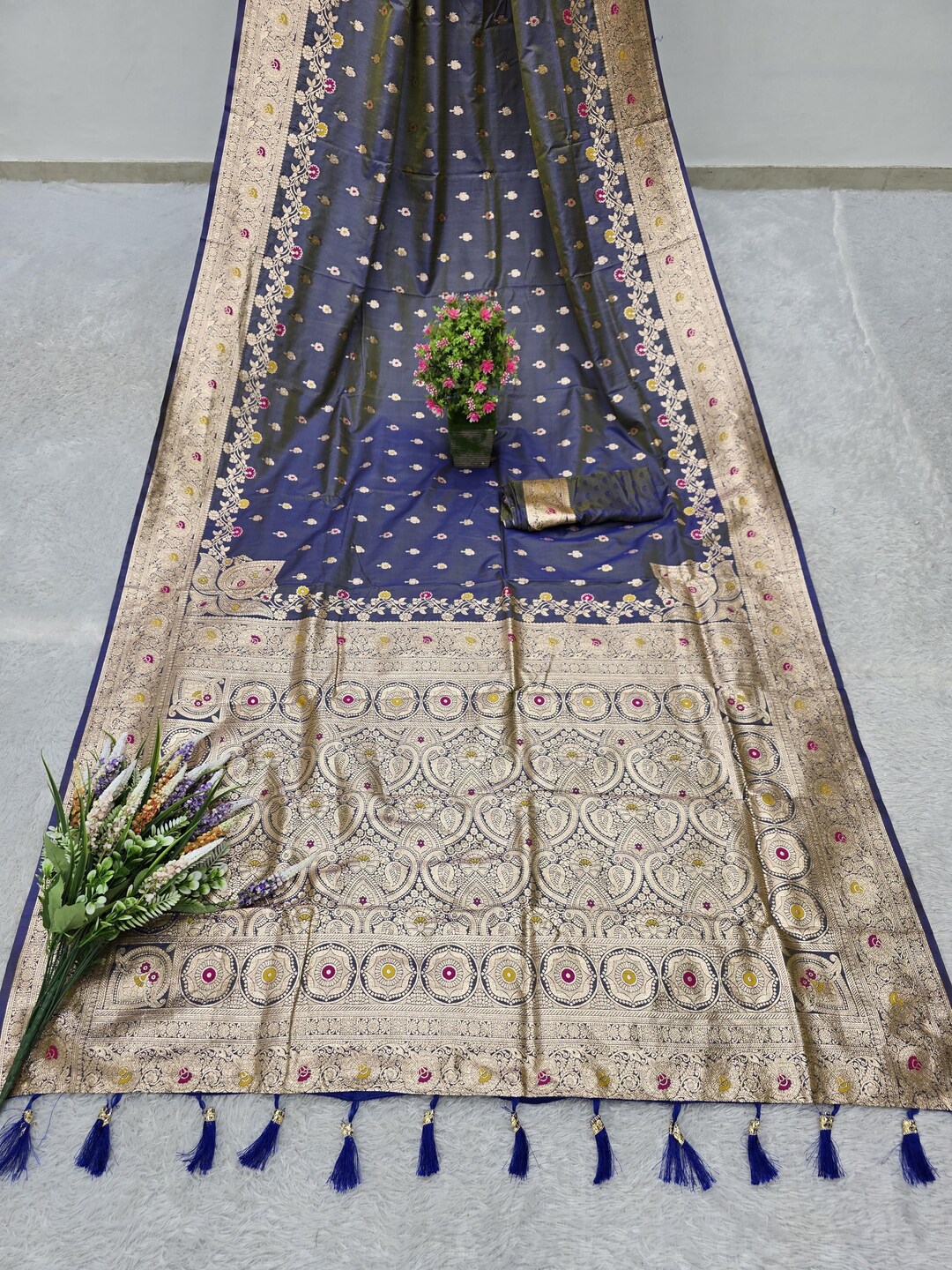 Wedding Designer Powder Blue Banarasi Silk Saree With Golder Border for ...