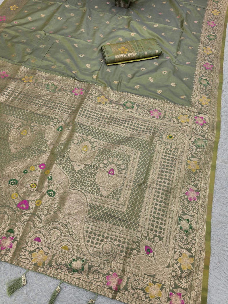 Sage Green Banarasi Silk Saree, Fashion Wedding Gift, Rich Fabric With ...