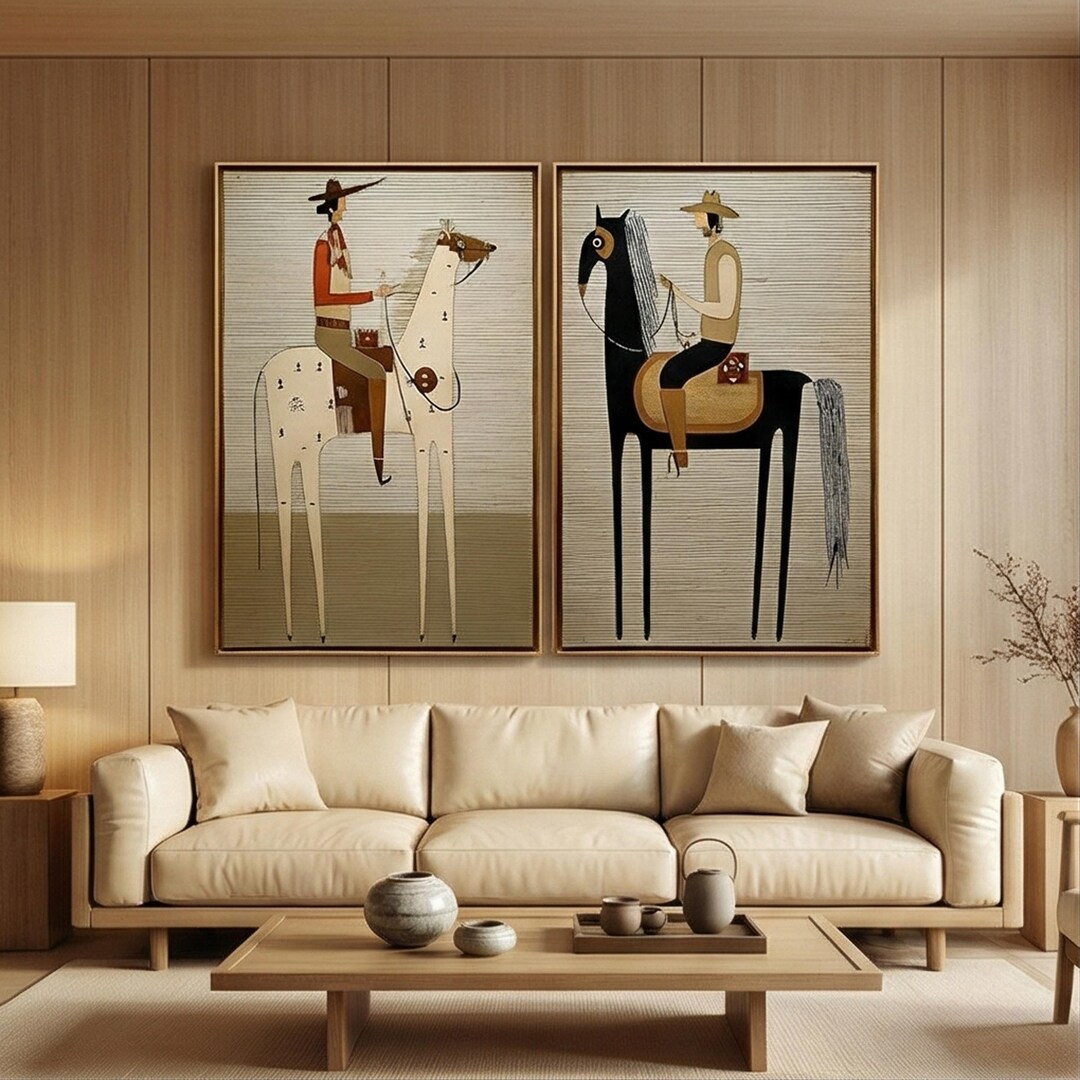 Mid Century Minimalist Western Diptych,cowboys on Tall Horses ...