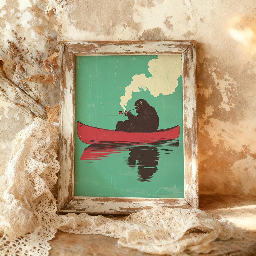 Bigfoot on Red Canoe Canvas Art: Funny Sasquatch Lake House Decor - Etsy