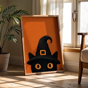 Black Cat Witch Hat Digital Printable Wall Art Prints Halloween Black ...