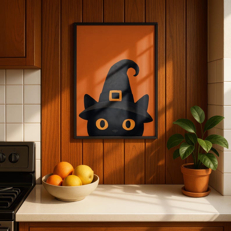 Black Cat Witch Hat Digital Printable Wall Art Prints Halloween Black ...
