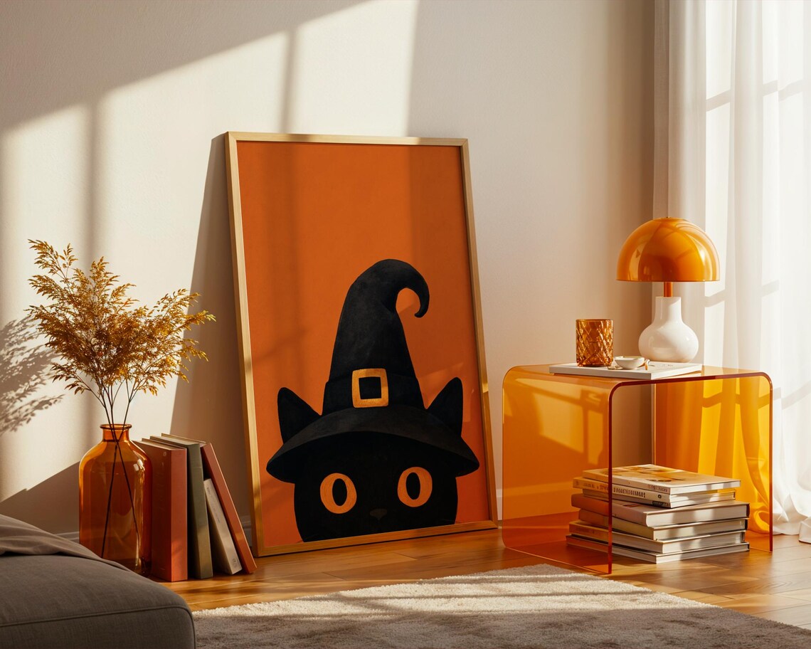 Black Cat Witch Hat Digital Printable Wall Art Prints Halloween Black ...