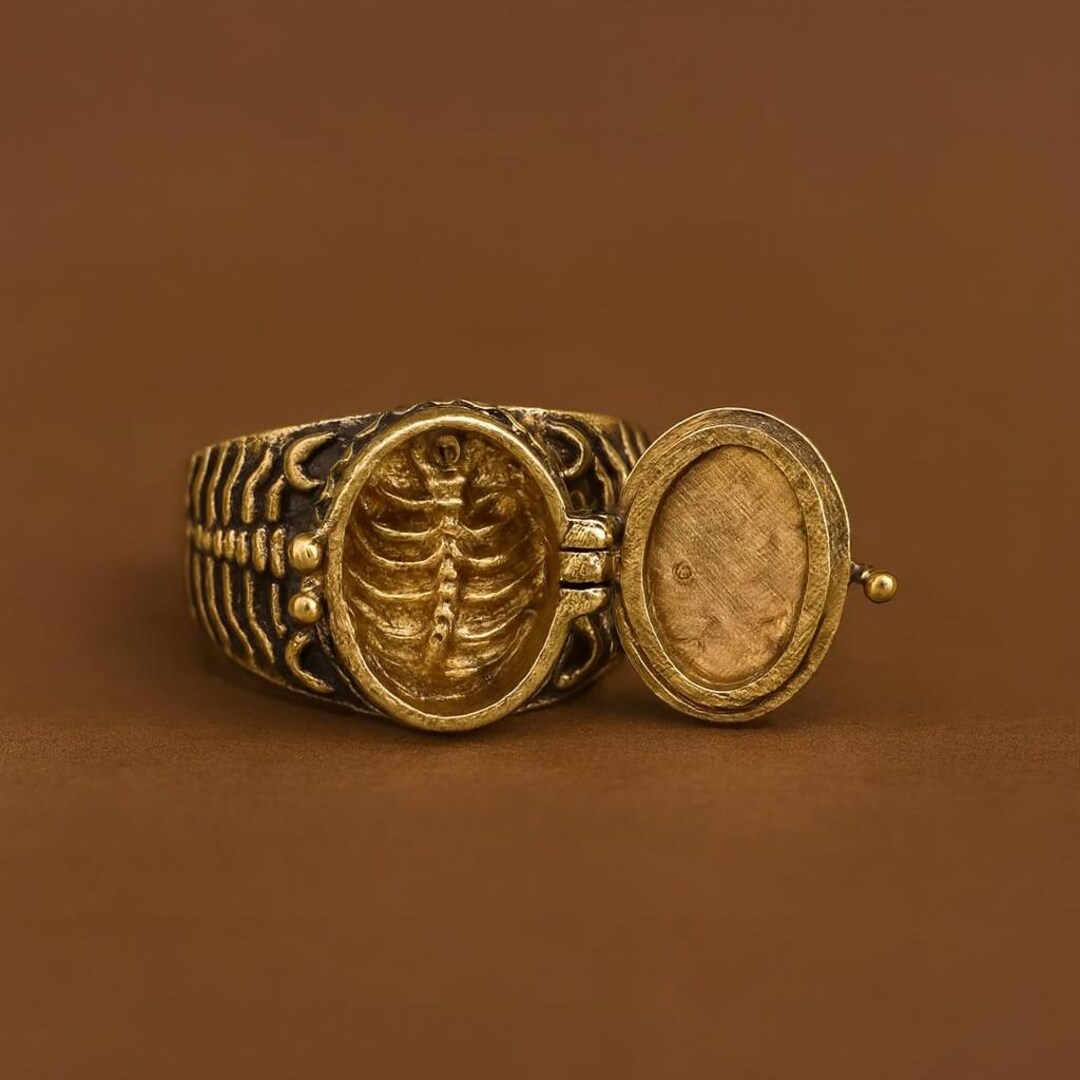 Skeleton Locket Ring, Poison Box Ring Brass, Gothic Secret Compartment ...
