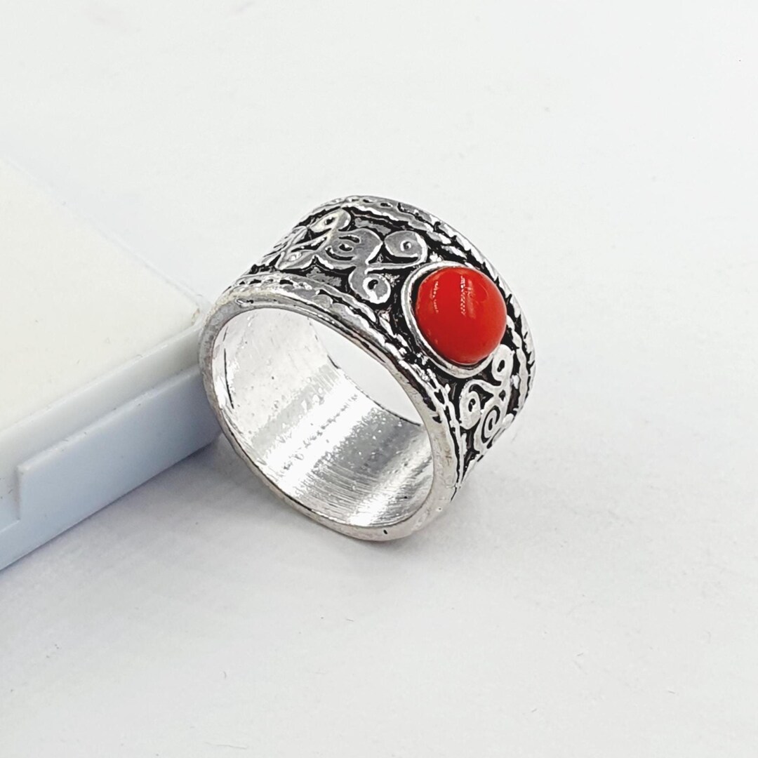 Red Coral Silver Ring | Wide Band Vintage Ring | Handmade Statement ...