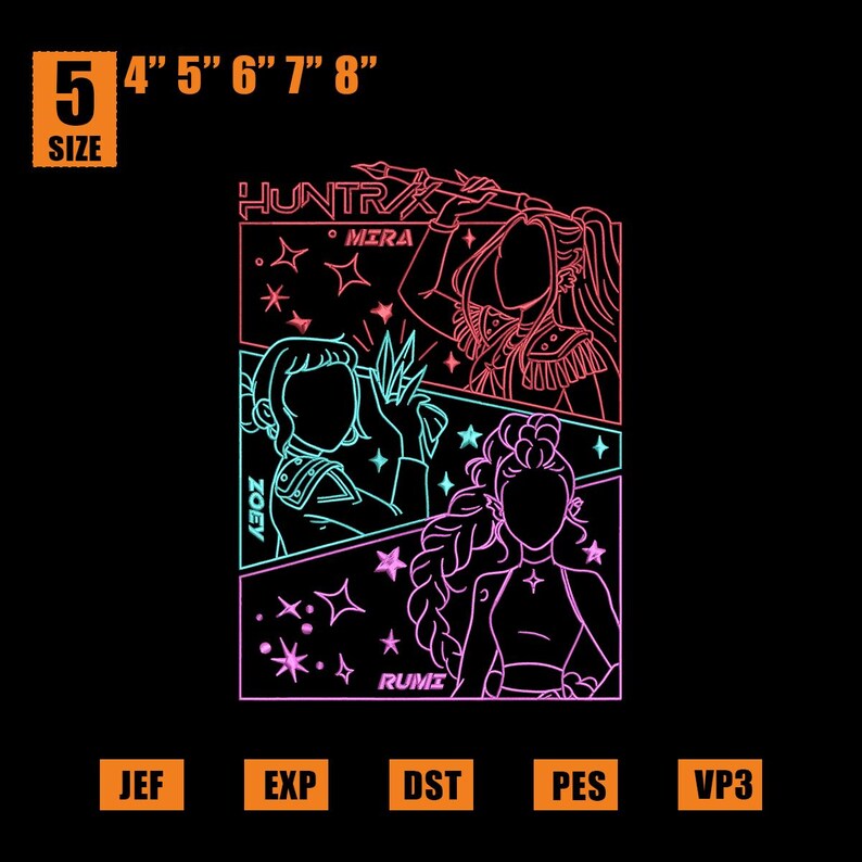 Huntrix Girls and Derpy Embroidery Design Bundle, Kpop Demon Hunters, Embroidery File , Rumi ...