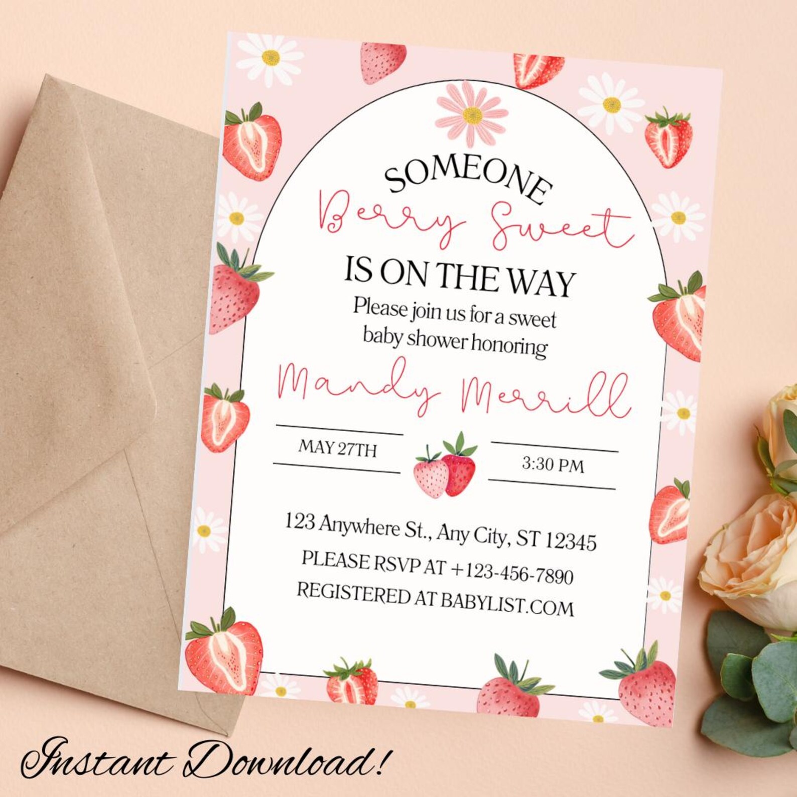 EDITABLE Berry Sweet Baby Invitation, Strawberry Baby Shower Invitation ...