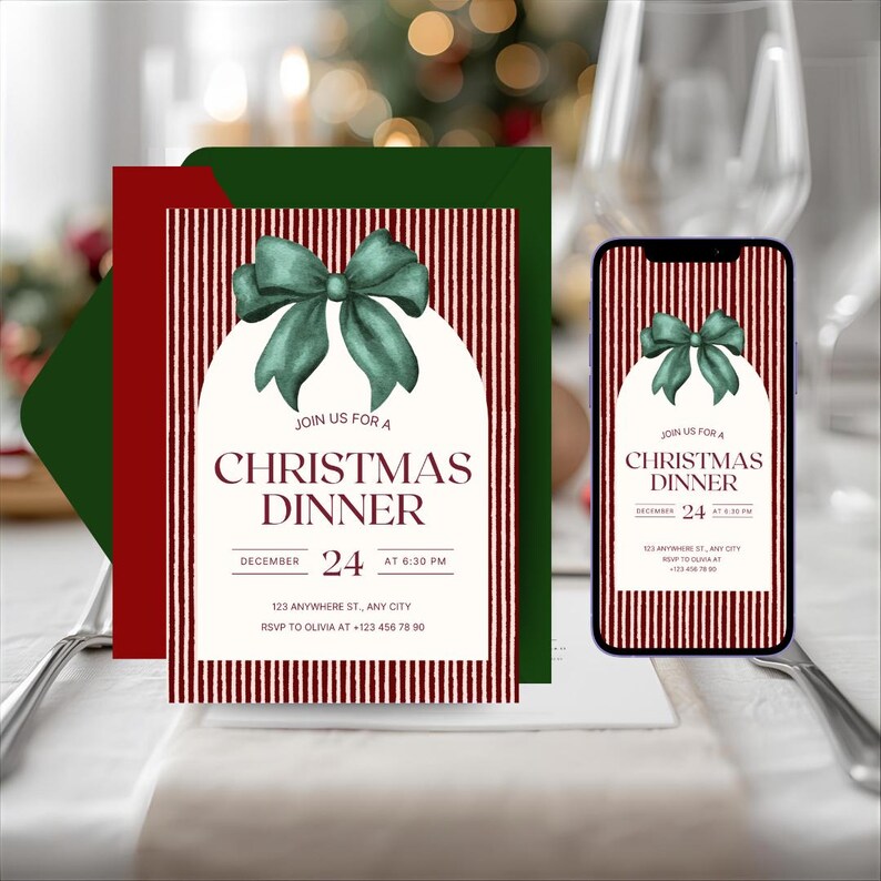 Christmas Dinner Bow Invitation Template Imperfect Stripes Burgundy