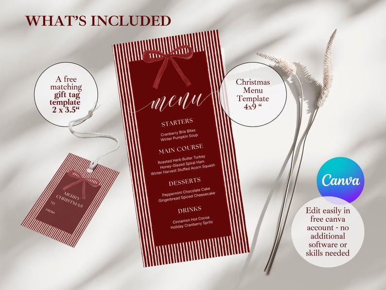 Editable Christmas Menu Template, Red Holiday Dinner Menu With Bow ...