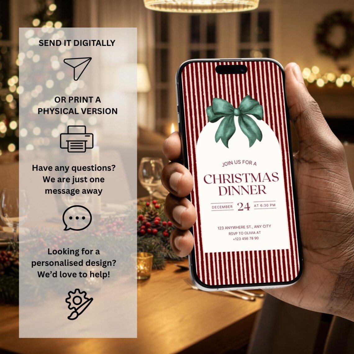 Christmas Dinner Bow Invitation Template Imperfect Stripes Burgundy