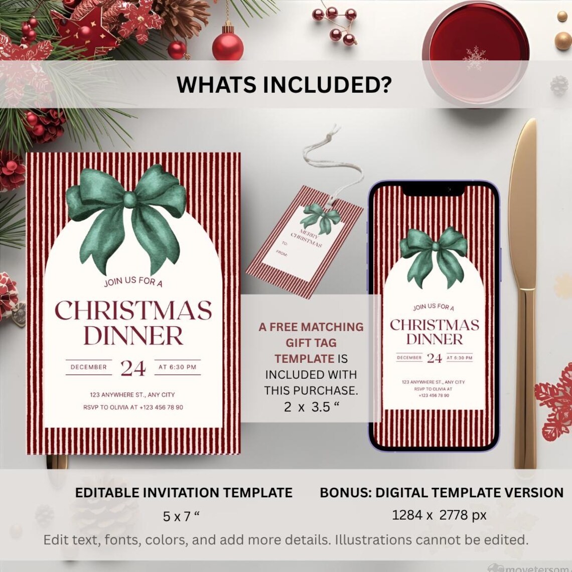 Christmas Dinner Bow Invitation Template Imperfect Stripes Burgundy