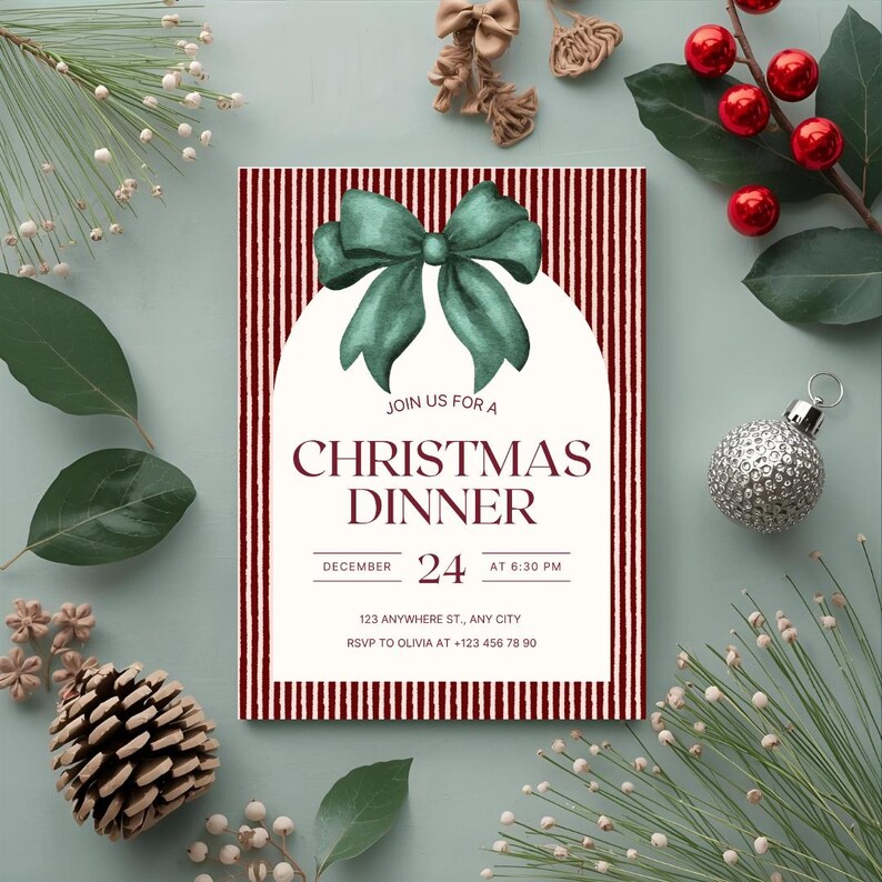 Christmas Dinner Bow Invitation Template Imperfect Stripes Burgundy