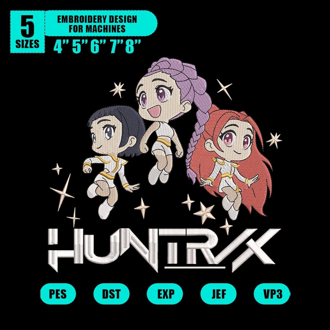 Huntrix Trio Embroidery Design, Cute Chibi Characters, Mira, Rumi, Zoey ...