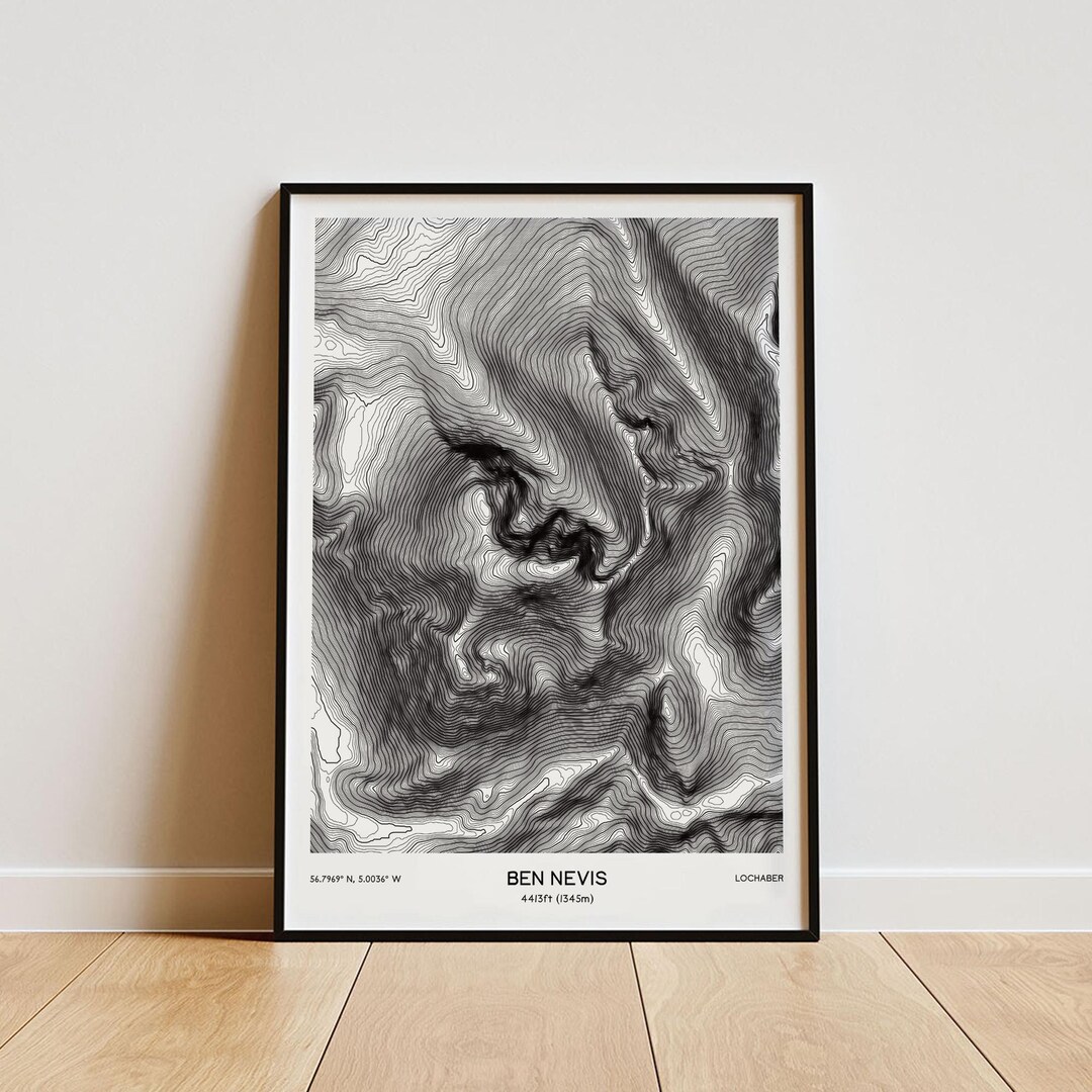 Ben Nevis Contour Map | Black & White Scotland Mountain Print ...