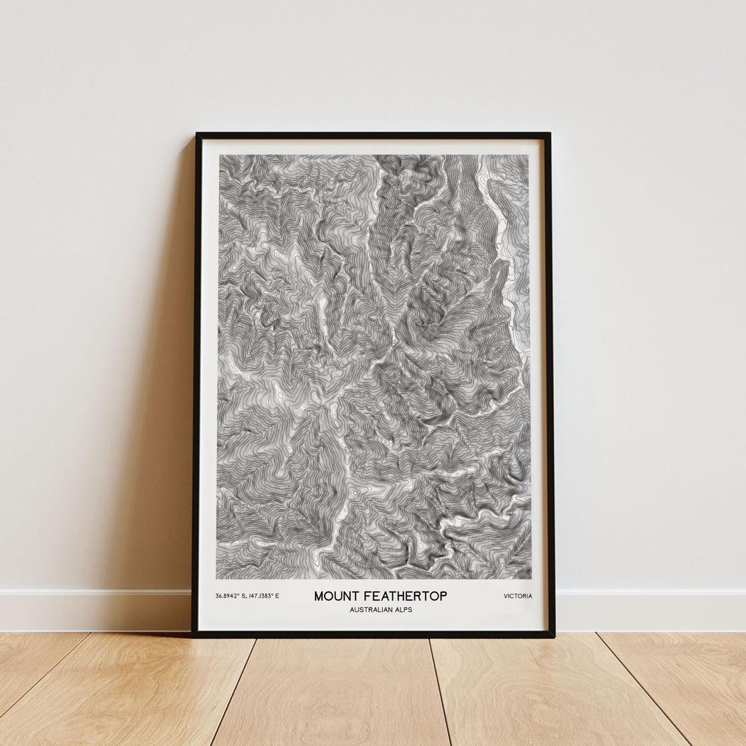 Mount Feathertop Contour Map | Minimalist Topographic Art | Black and ...
