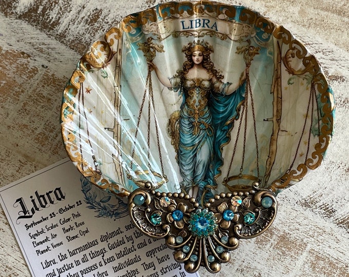 Libra Zodiac Decoupaged Shell Ring, Jewelry, Trinket Dish - Etsy