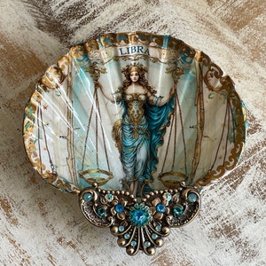 Libra Zodiac Decoupaged Shell Ring, Jewelry, Trinket Dish - Etsy
