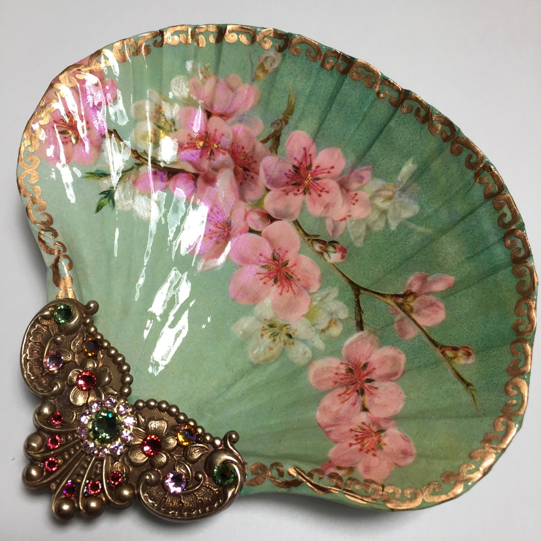 Decoupaged Shell Jewelry Dish: Cherry Blossoms, Rhinestone Accent - Etsy UK