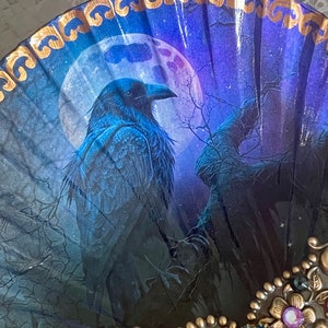 Decoupaged Shell Jewelry Dish, Moon Theme Decor, Raven Art, Raven Dish ...