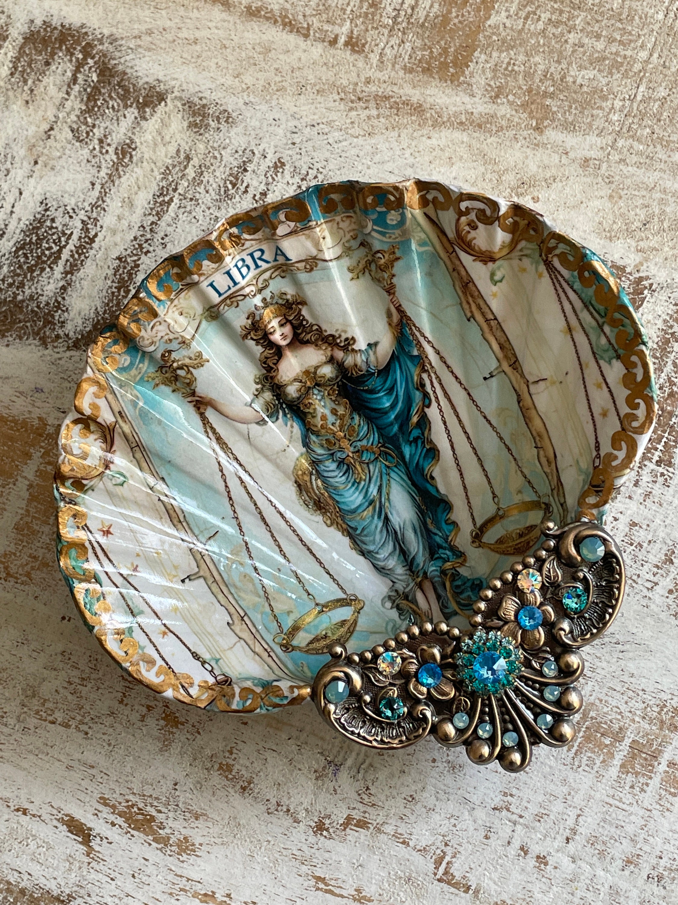 Libra Zodiac Decoupaged Shell Ring, Jewelry, Trinket Dish - Etsy