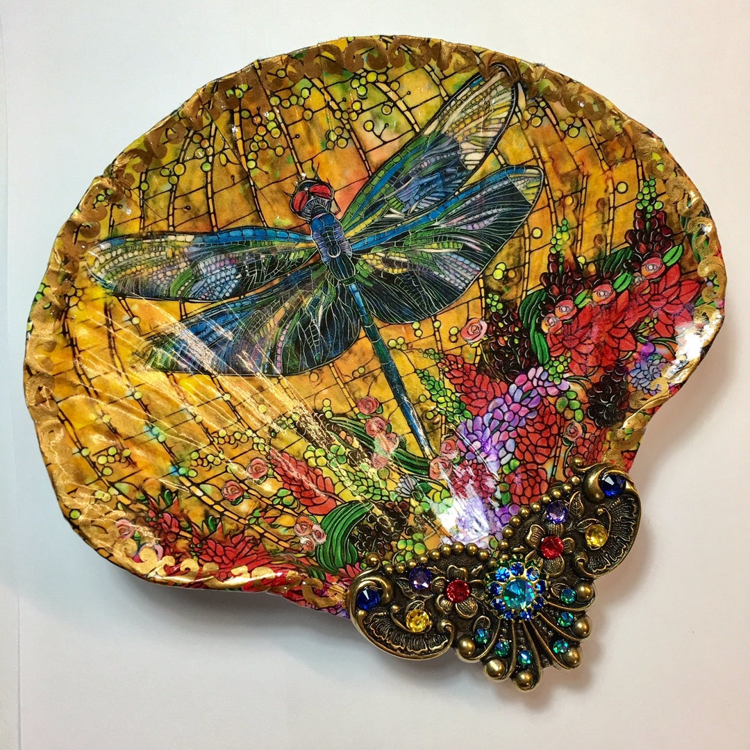 Decoupaged Dragonfly Shell Jewelry Dish With Rhinestones - Etsy