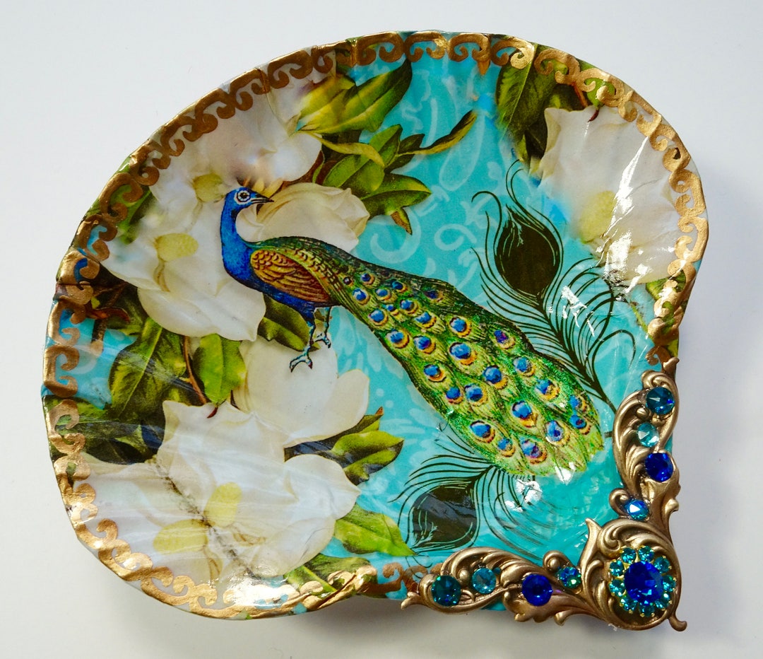 Decoupaged Peacock Shell Jewelry Dish: Rhinestone Filigree Ring Holder ...