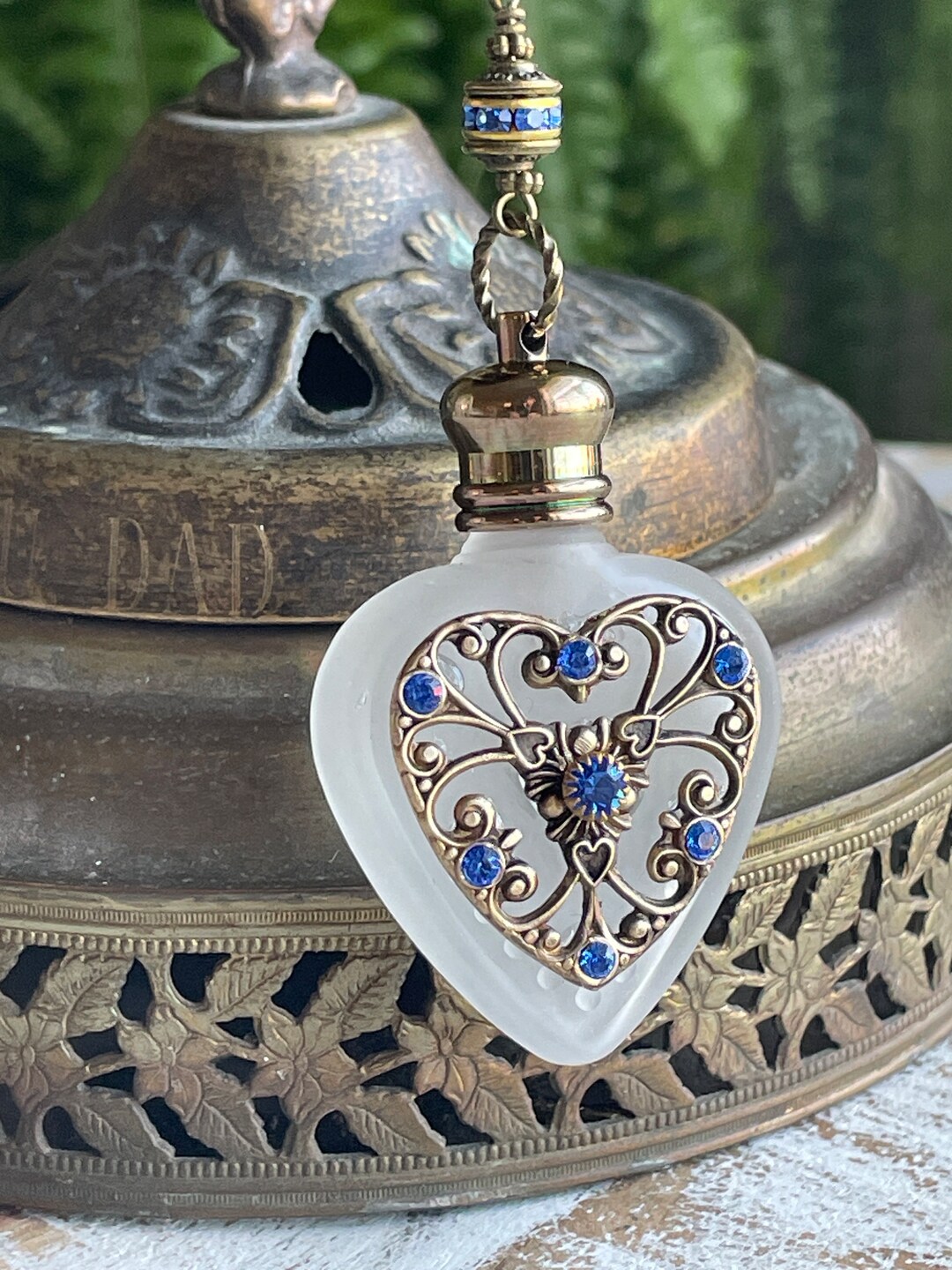 Essential Oil Perfume Bottle Necklace Blue Sapphire Rhinestone Heart ...
