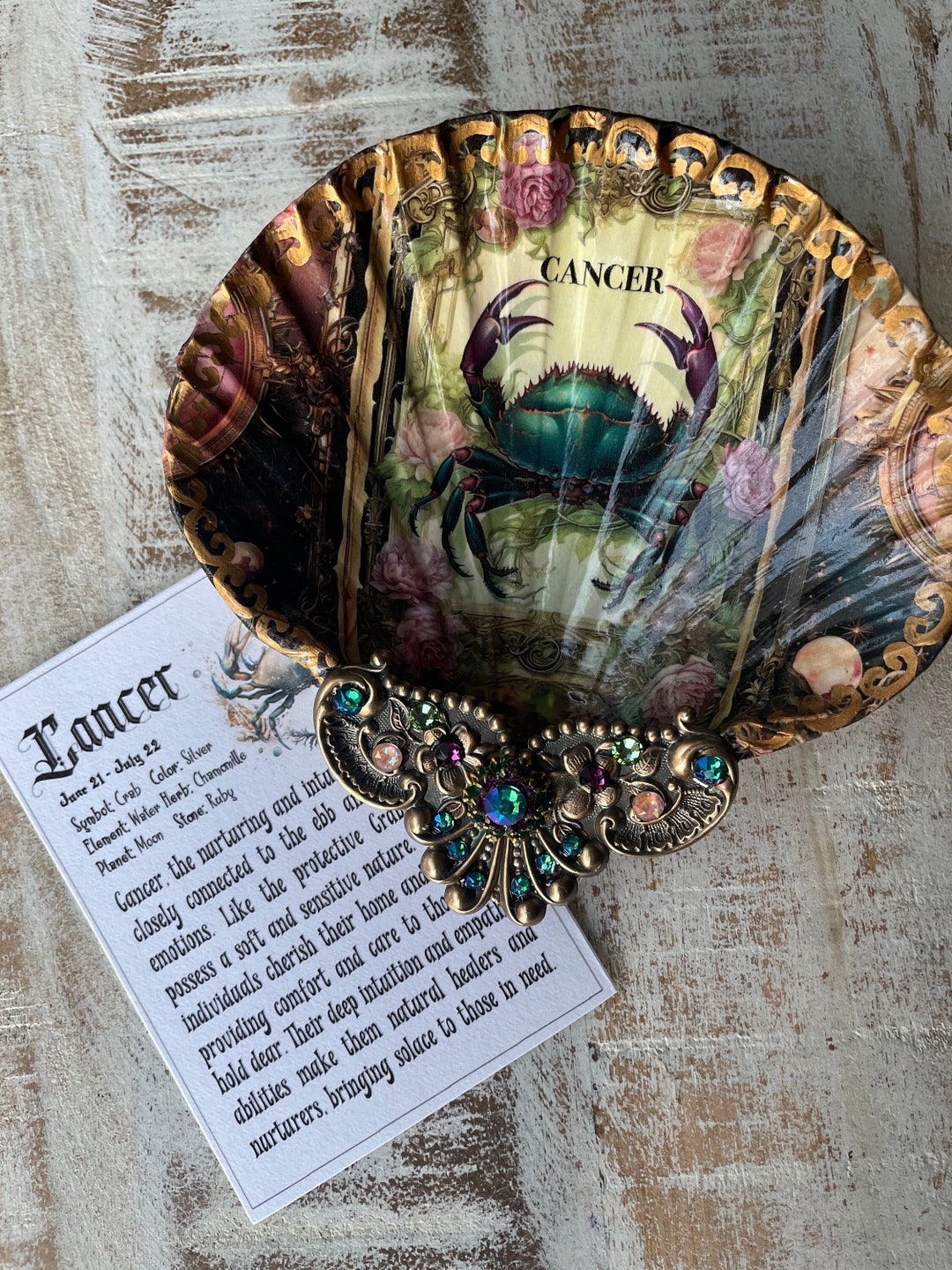 Cancer Zodiac Decoupaged Shell Ring, Jewelry, Trinket Dish - Etsy