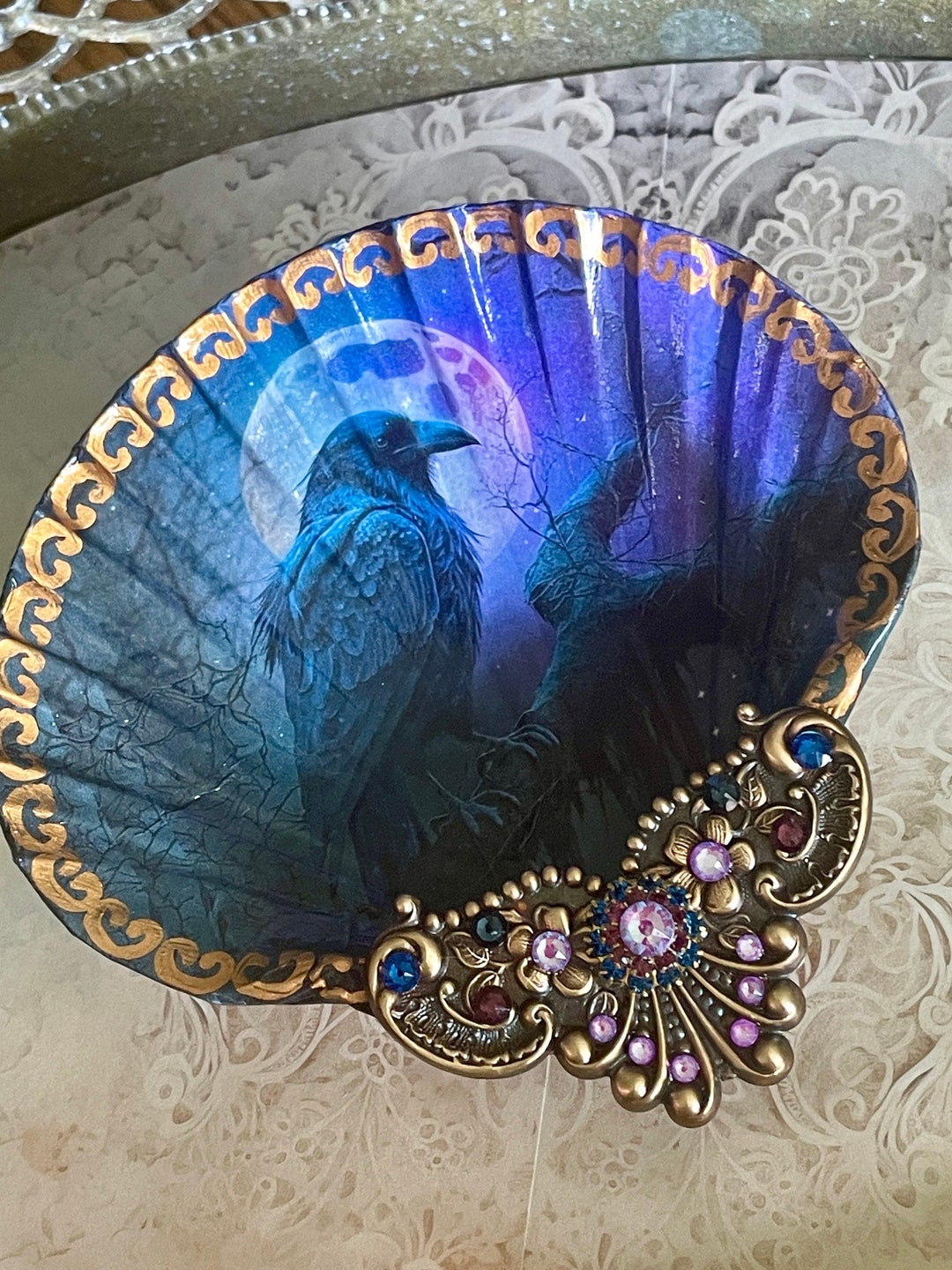 Decoupaged Shell Jewelry Dish, Moon Theme Decor, Raven Art, Raven Dish ...